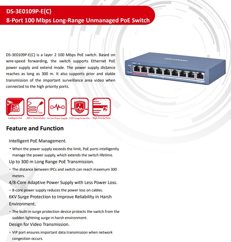 HIKVISION DS-3E0109P-E(C). 8-Port 100 Mbps Long-Range Unmanaged PoE ...
