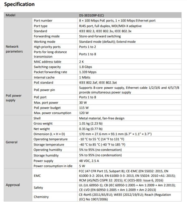 HIKVISION DS-3E0109P-E(C). 8-Port 100 Mbps Long-Range Unmanaged PoE ...
